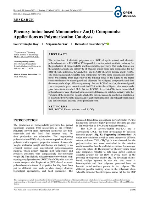 Pdf Phenoxy Imine Based Mononuclear Znii Compounds Applications As Polymerization Catalysts