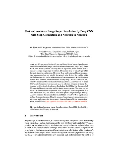 Pdf Fast And Accurate Image Super Resolution By Deep Cnn With Skip Connection And Network In