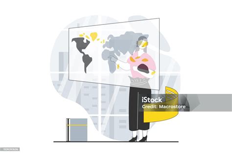 웹을 위한 플랫 디자인에 있는 사람들 장면이 있는 가상 현실 개념 Vr 헤드셋을 착용한 여성이 메타버스에서 일하고 화면과 상호