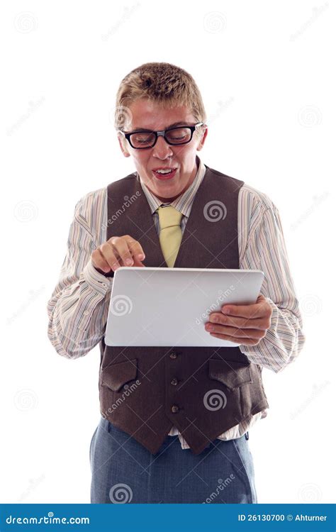 Funny Nerd Working With His Tablet Stock Photo Image Of People Studio