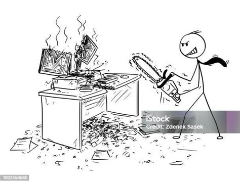 컴퓨터와 책상을 파괴 하는 전기 톱과 화가 사업가의 만화 만화에 대한 스톡 벡터 아트 및 기타 이미지 만화 사슬톱 개념