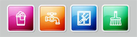 거품 수도꼭지 창문용 고무 클리너 손잡이 빗자루로 라인 버킷을 설정합니다 다채로운 사각형 버튼 벡터 가정 생활에 대한 스톡 벡터 아트 및 기타 이미지 Istock