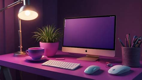 Premium Photo A Pink Desk With A Lamp Computer Keyboard Mouse Plant