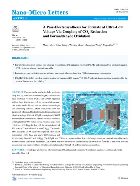 Pdf A Pair Electrosynthesis For Formate At Ultra Low Voltage Via Coupling Of Co2 Reduction And