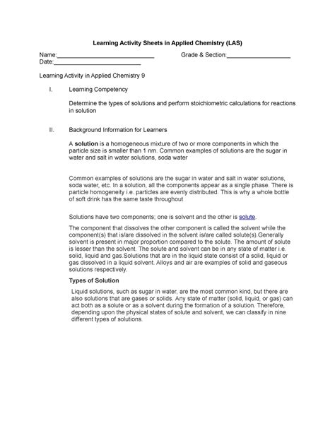 Learning Activity Sheets For Applied Chemistry 2nd Quarter Learning