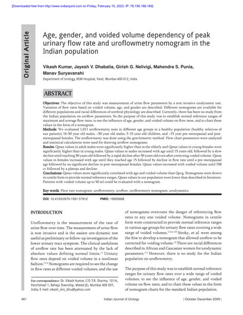 PDF Age Gender And Voided Volume Dependency Of Peak Urinary Flow Rate And Uroflowmetry