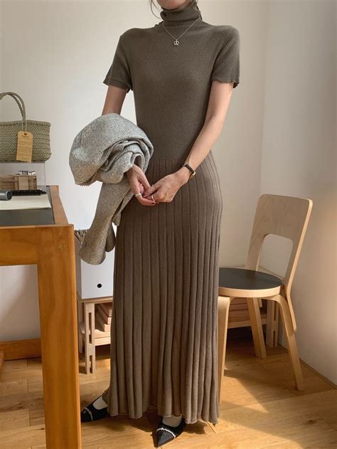 2color 골지니트 목폴라 반팔 롱원피스 에이블리