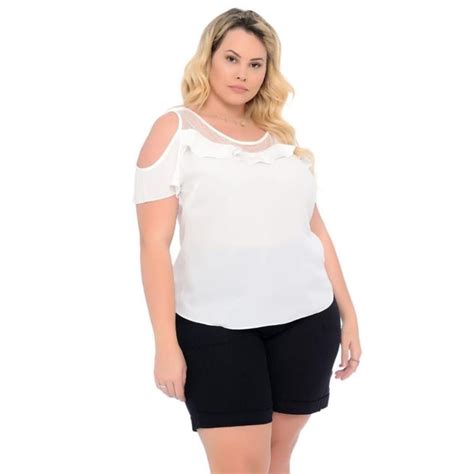 Camisa Branca Babado No Peito Tule No Colo E Tr S Fecho