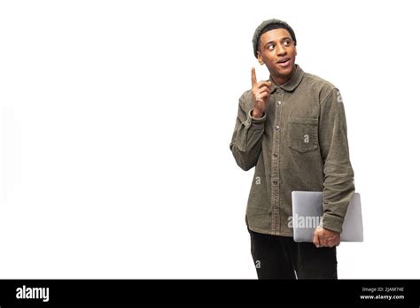 Eureka Clever Smiling Man Pointing Finger Up Has Good Idea Genius