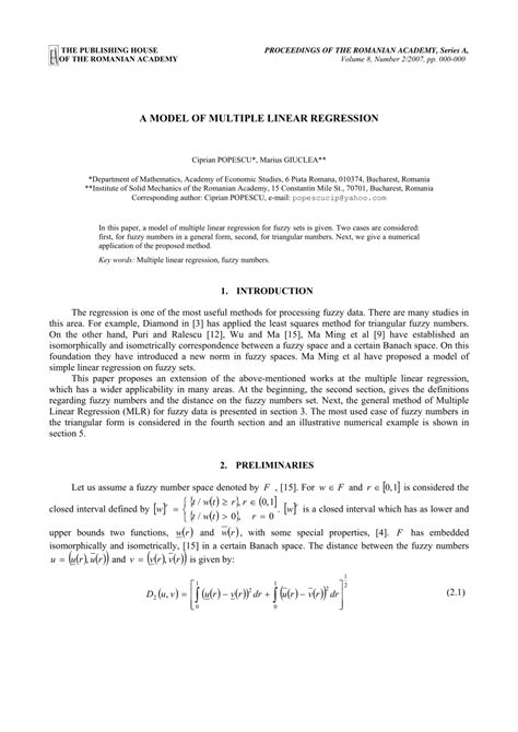 PDF A Model Of Multiple Linear Regression