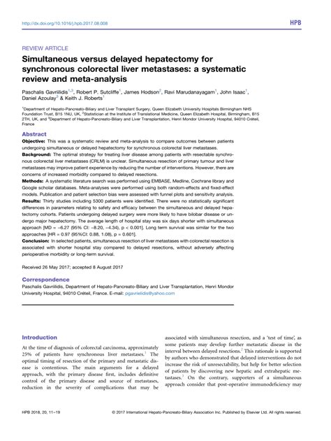 Pdf Simultaneous Versus Delayed Hepatectomy For Synchronous Colorectal Liver Metastases A