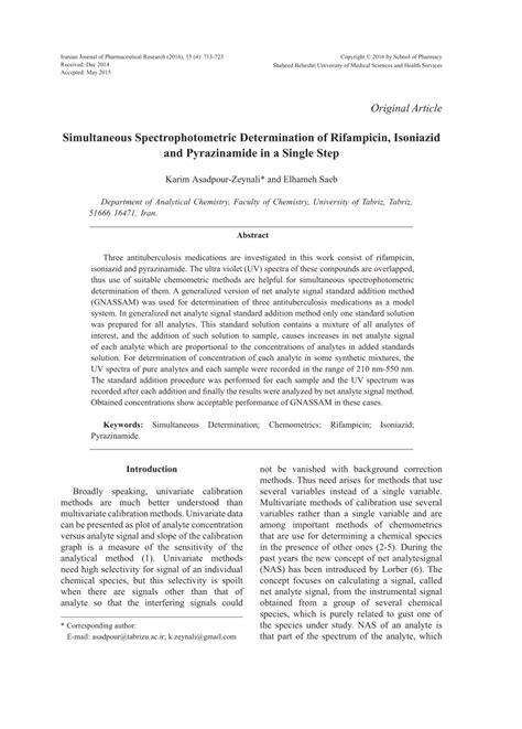Pdf Simultaneous Spectrophotometric Determination Of Rifampicin Isoniazid And Pyrazinamide In