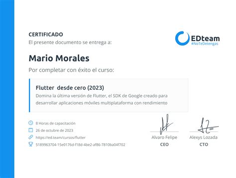 Certificado De Mario Morales Del Curso Flutter Desde Cero EDteam