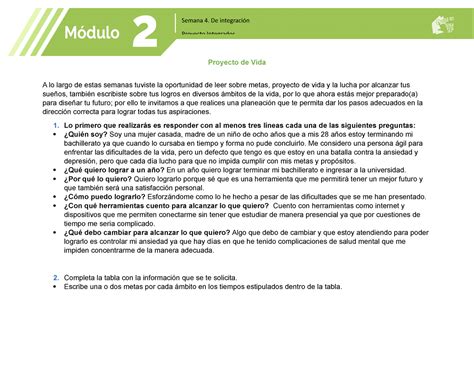 Proyecto Integrador Modulo 2 Proyecto De Vida A Lo Largo De Estas Semanas Tuviste La
