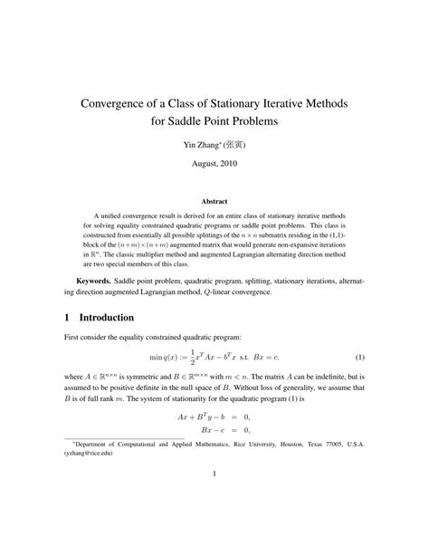 Pdf Convergence Of A Class Of Stationary Iterative Methods For Saddle Point Problems
