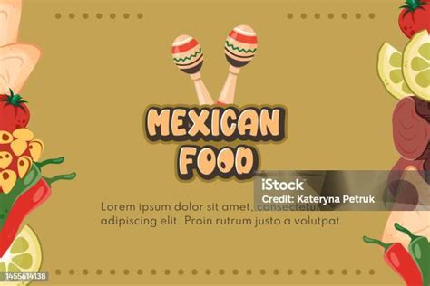 라틴 아메리카 요리 야채 국가 멕시코 요소 마라카스 텍스트가 있는 음식 배경 레스토랑 메뉴 포스터 전단지 배너 배달 요리 개념에 대 한 벡터 평면 그려진 그림 감자 칩에