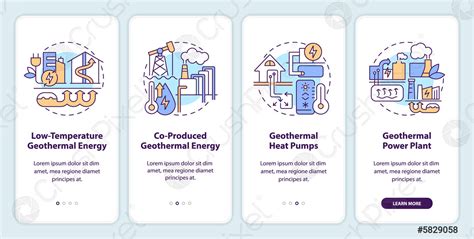 Types Of Geothermal Energy Onboarding Mobile App Screen Stock Vector