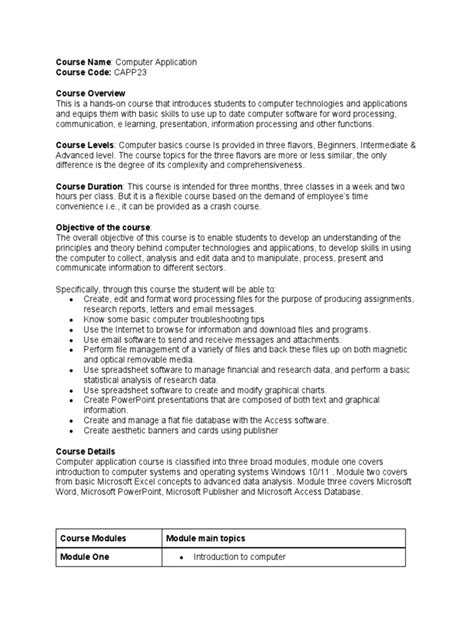 Computer Application Course Pdf Microsoft Excel Application Software