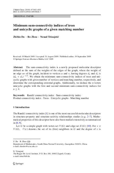 Pdf Minimum Sum Connectivity Indices Of Trees And Unicyclic Graphs Of A Given Matching Number