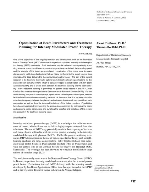 Pdf Optimization Of Beam Parameters And Treatment Planning For Intensity Modulated Proton Therapy