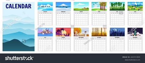Template Calendar Landscape Natural Backgrounds Four Stock Vector
