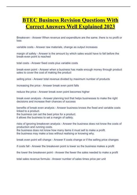 Btec Business Revision Questions With Correct Answers Well Explained 2023 Btec Stuvia Us
