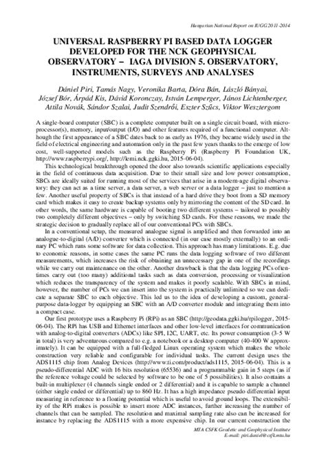 Pdf Universal Raspberry Pi Based Data Logger Developed For The Nck Geophysical Observatory