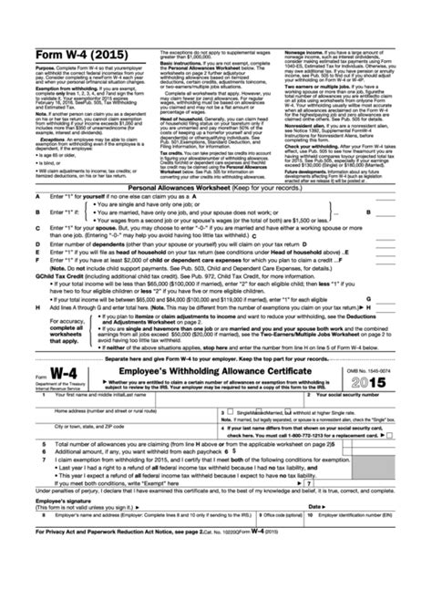 Form W 4 Employees Withholding Allowance Certificate 2015