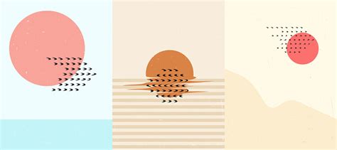 벡터 그림입니다 초현실적 인 태양과 새 중반 세기 현대 그래픽 그런지 텍스처 미니멀 한 풍경 세트 추상 적인 모양입니다 포스터 책 표지 브로셔 잡지 기프트 카드 디자인 요소