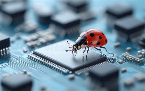 Ladybug On Blue Circuit Board Closeup Of Red Insect On Microchip Stock Illustration