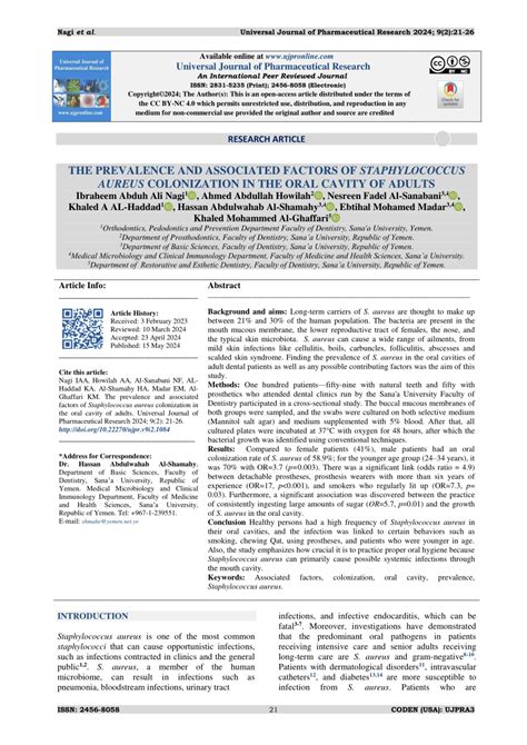 Pdf The Prevalence And Associated Factors Of Staphylococcus Aureus Colonization In The Oral