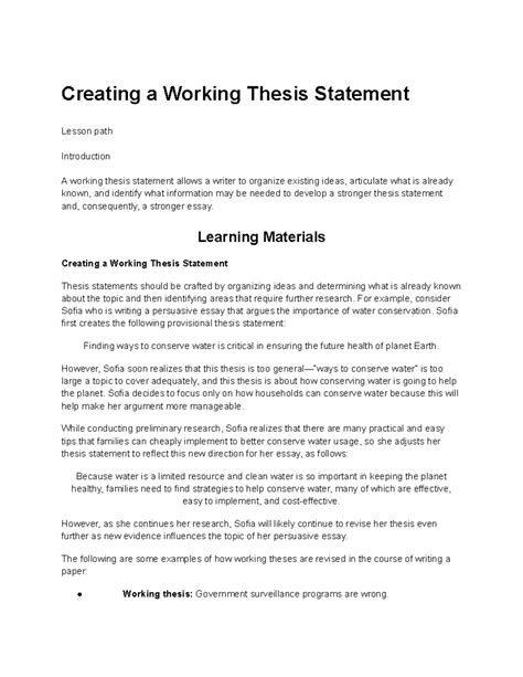 Creating A Working Thesis Statement Learning Materials Creating A Working Thesis Statement