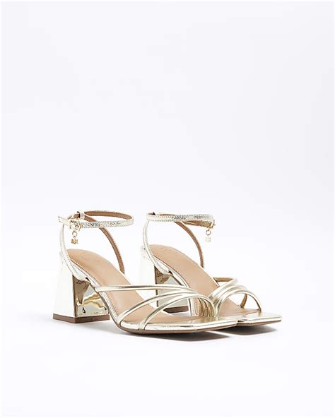 Gold Block Heeled Sandals River Island