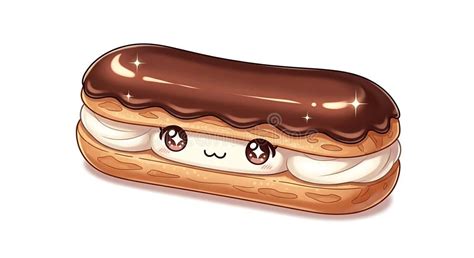 Cute Chocolate Eclair Pastry With Kawaii Face And Sparkling Glaze Stock