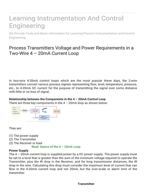 Process Transmitters Voltage And Power Requirements In A Two Wire 4 20ma Current Loop Learning