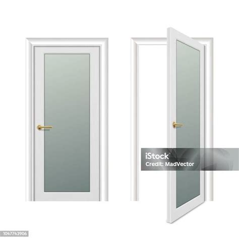 벡터 현실적인 다른 열리고 닫힌된 백색 나무로 되는 문 아이콘 설정 흰색 배경에 고립의 근접 촬영입니다 아키텍처의 요소입니다 전면 보기 그래픽 디자인 서식 파일 3차원