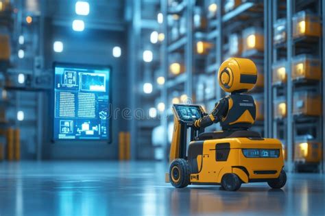 Robotic Forklift Operator Analyzing Logistics Data In Automated Warehouse Generative Ai Stock