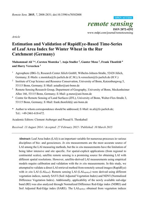 Pdf Estimation And Validation Of Rapideye Based Time Series Of Leaf Area Index For Winter