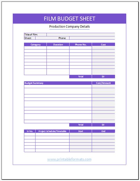 Free Film Budget Templates Ms Excel Printable Formats