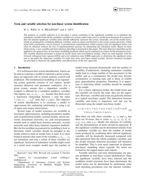 Pdf Term And Variable Selection For Nonlinear System Identification