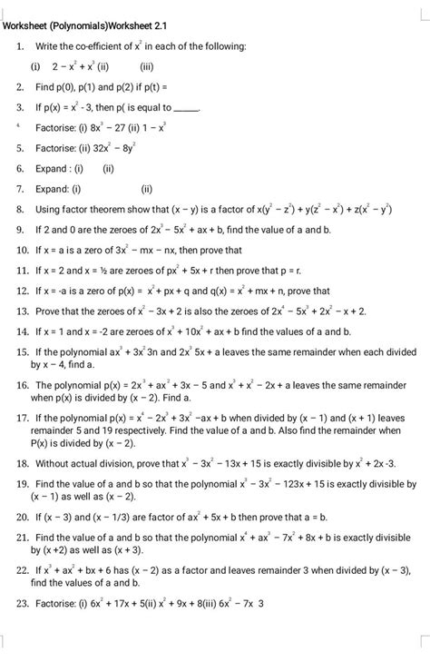 Worksheet Polynomials Worksheet Write The Co Efficient Of X In E