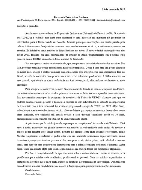 Modelo De Carta De Motivação Fernanda Fróis Università Di Bologna Pdf Itália Brasil