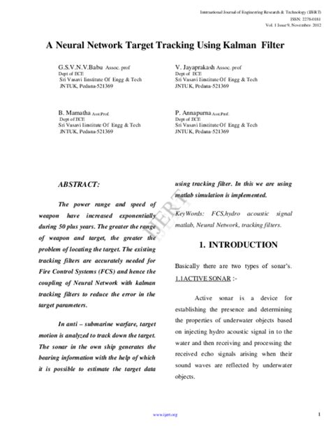 Pdf Ijert A Neural Network Target Tracking Using Kalman Filter