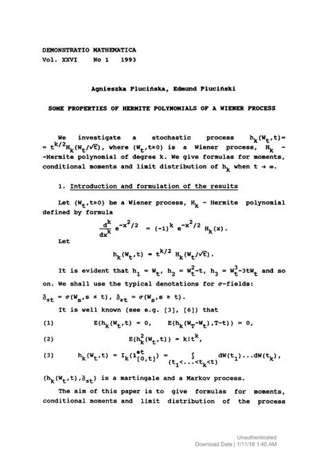 Pdf Some Properties Of Hermite Polynomials Of A Wiener Process