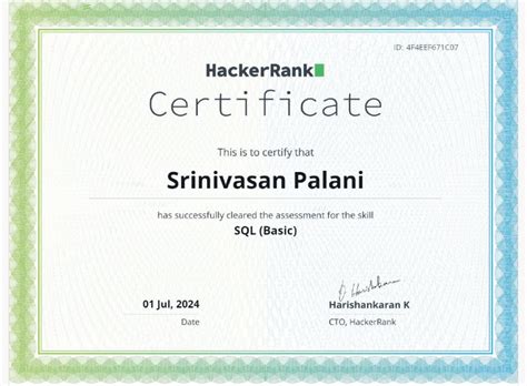 Earned Sql Certification With Hackerrank Srinivasan Palani Posted On The Topic Linkedin