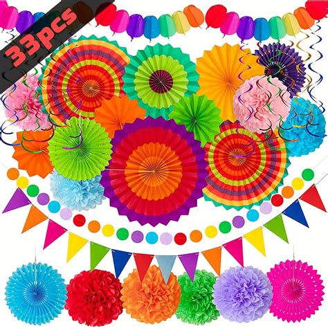 35pcs Multicolor Fiesta Paper Fan Party Decorations Set Cinco De Mayo
