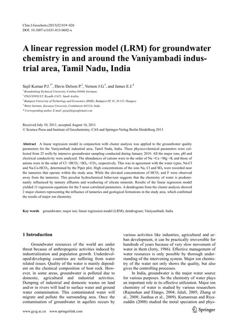Pdf A Linear Regression Model Lrm For Groundwater Chemistry In And
