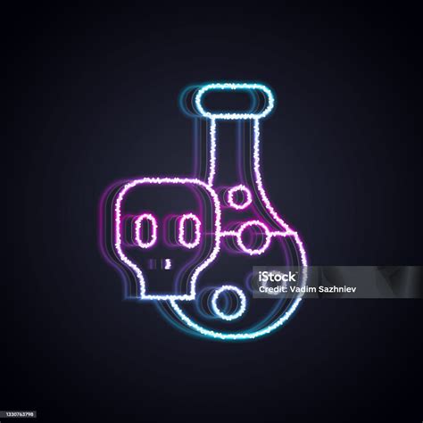 검은 색 배경에 고립 된 독성 액체 아이콘을 가진 빛나는 네온 라인 실험실 화학 비커 생물학적 위험 기호 방사선 아이콘이 있는 위험한 기호입니다 벡터 건강 검진에 대한 스톡