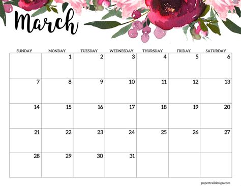 Horizontal Floral Printable Calendar 2027 Paper Trail Design