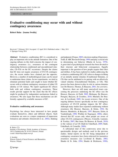 Pdf Evaluative Conditioning May Occur With And Without Contingency Awareness